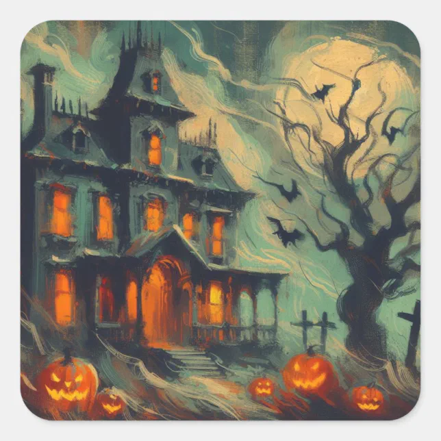 Retro Haunted House with Jack-o'-lantern Spooky Square Sticker | Zazzle