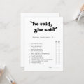 Retro He Said She Said Bridal Shower Game Card | Zazzle