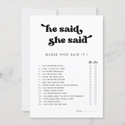 Retro He Said She Said Bridal Shower Game Card | Zazzle