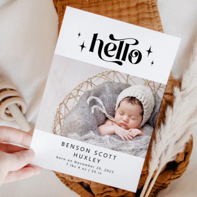Retro Hello Birth Announcement Card | Zazzle
