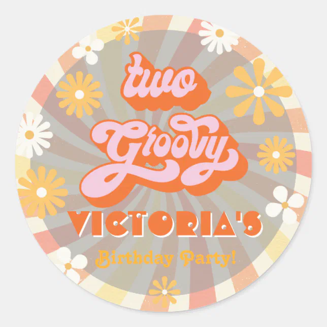 Retro Hippie 70's 60's Two Groovy Birthday Party Classic Round Sticker ...