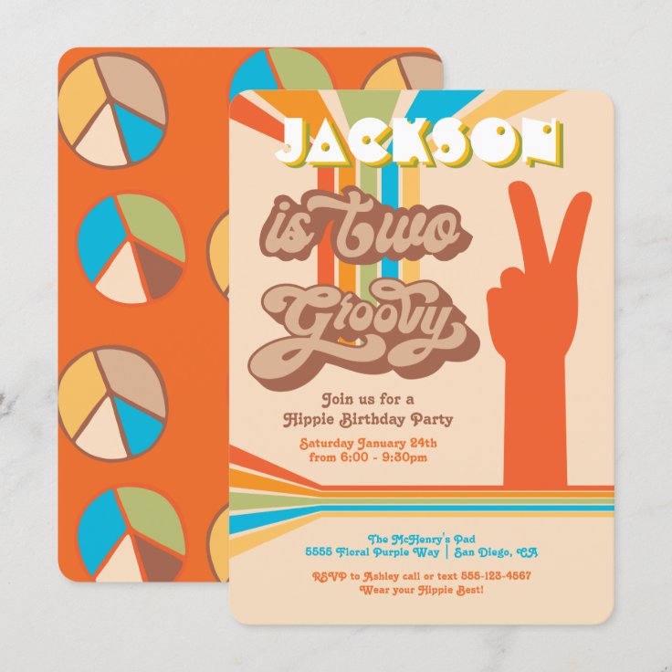 Retro Hippie 70's 60's Two Groovy Peace Sign Invitation | Zazzle