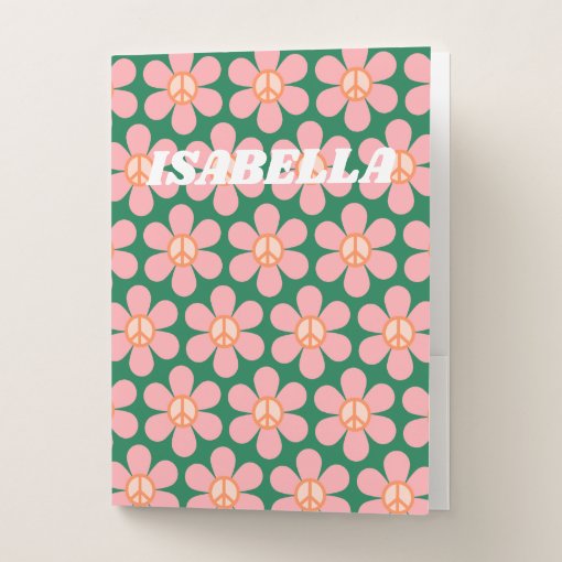 Retro Hippie Peace Flower Green Personalized Name Pocket Folder | Zazzle