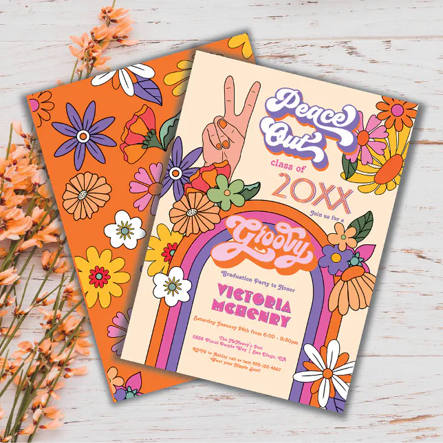 Retro Hippie Peace Out Graduation Party Invitation | Zazzle