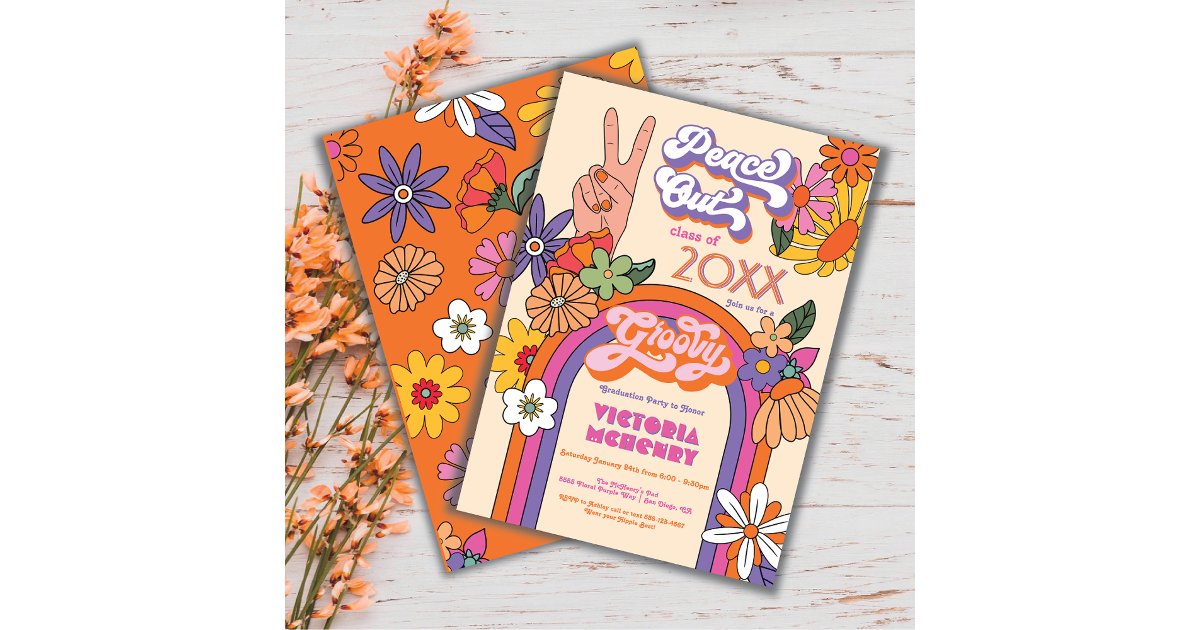 Retro Hippie Peace Out Graduation Party Invitation | Zazzle