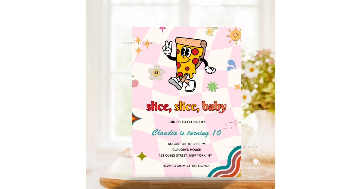 Retro Hippie Pizza Birthday Party Invitation | Zazzle