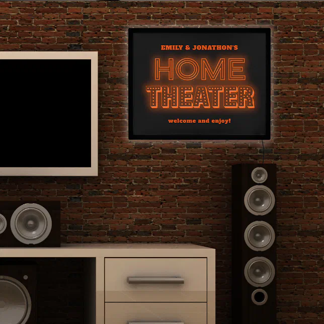 Retro Home Theater Custom Name Neon Effect Black LED Sign | Zazzle