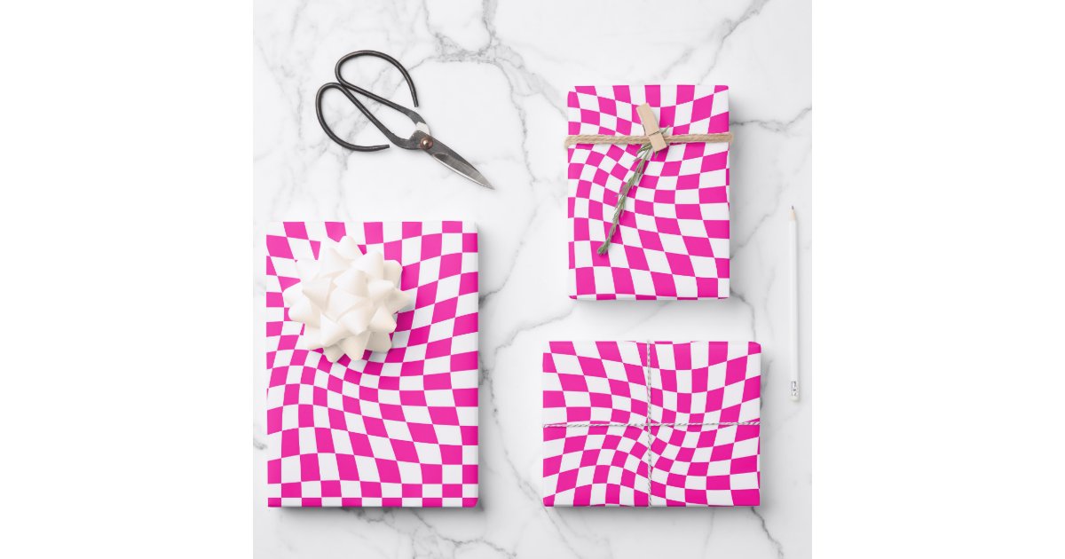 Retro Hot Pink Checks Warped Checkered Dorm Wrapping Paper Sheets | Zazzle