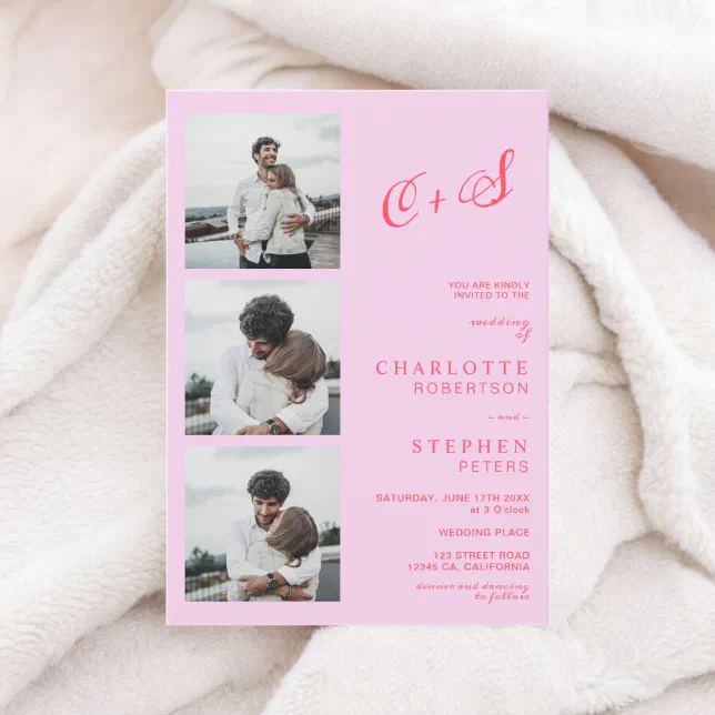 Retro hot pink red casual initials photo wedding invitation | Zazzle