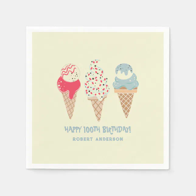 Retro Ice Cream Cone 100th Birthday Custom Napkins | Zazzle