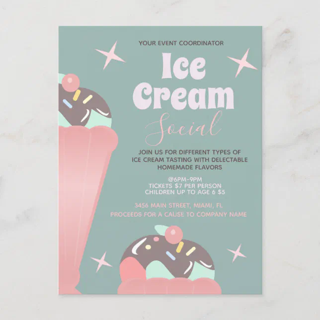 Retro Ice Cream Social Sundae Flyer Invitation Postcard | Zazzle