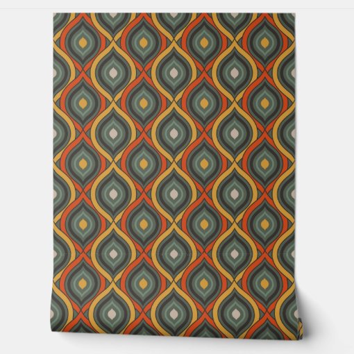 Retro Ikat Green Gold Orange Pattern Wallpaper | Zazzle
