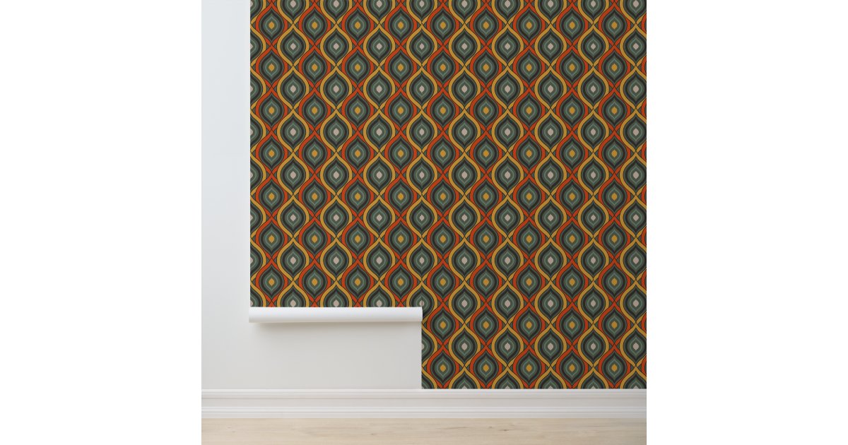 Retro Ikat Green Gold Orange Pattern Wallpaper | Zazzle
