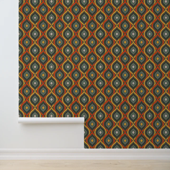 Retro Ikat Green Gold Orange Pattern Wallpaper | Zazzle