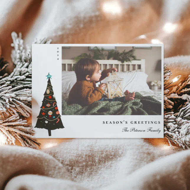 Retro Illustrated Christmas Tree Modern Holiday Card | Zazzle