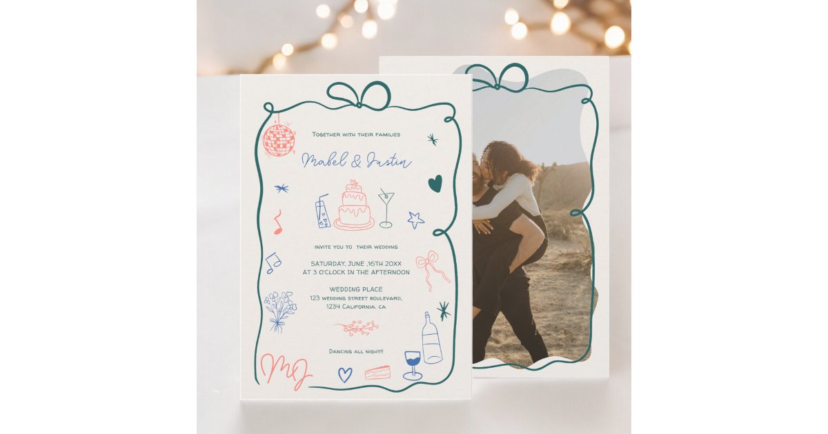 Retro initials ribbon illustrated photo wedding invitation | Zazzle