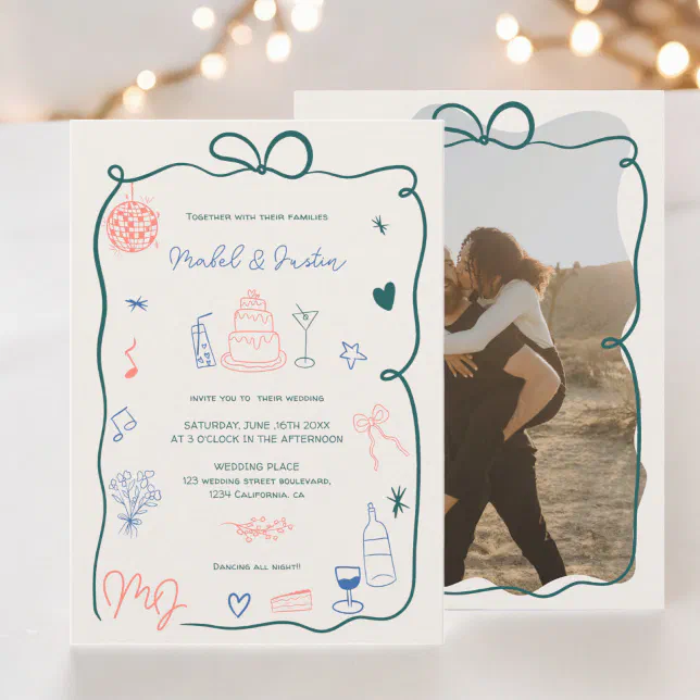 Retro initials ribbon illustrated photo wedding invitation | Zazzle