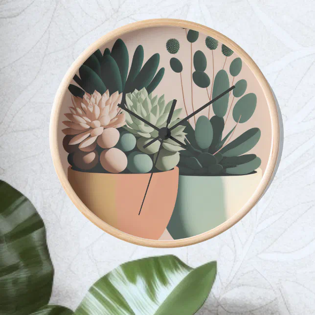 Retro-inspired succulent wall clock | Zazzle