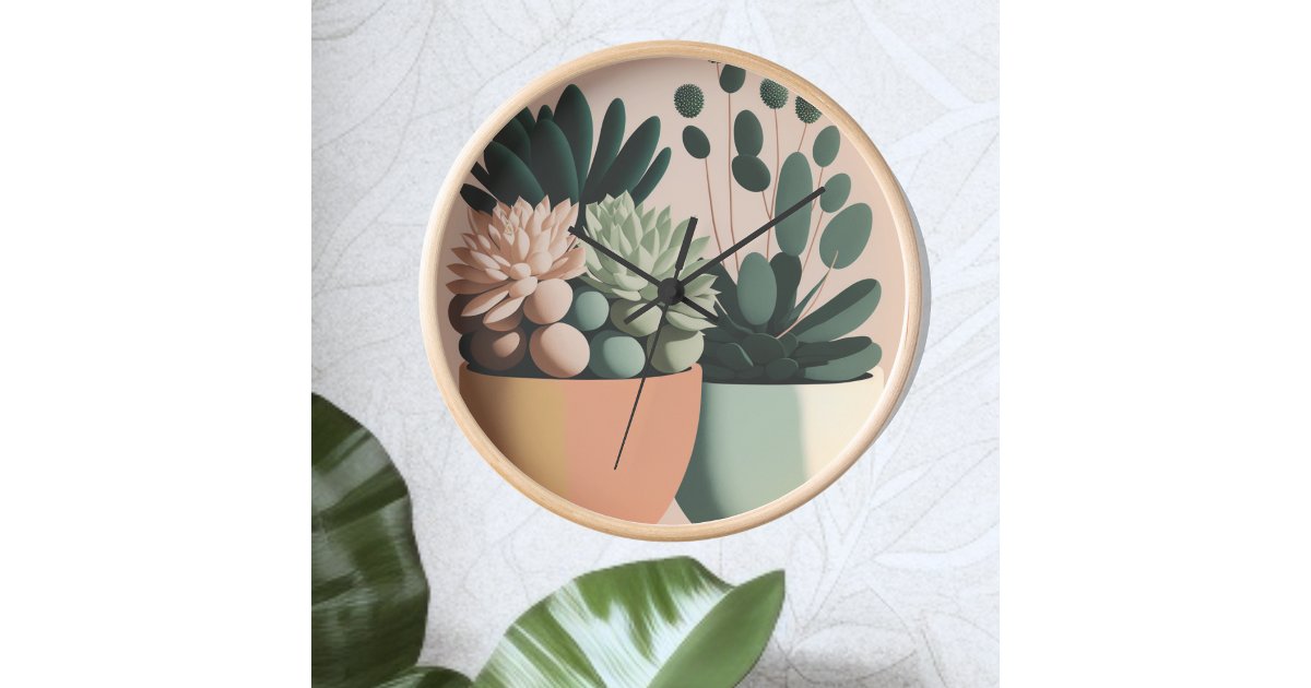 Retro-inspired succulent wall clock | Zazzle