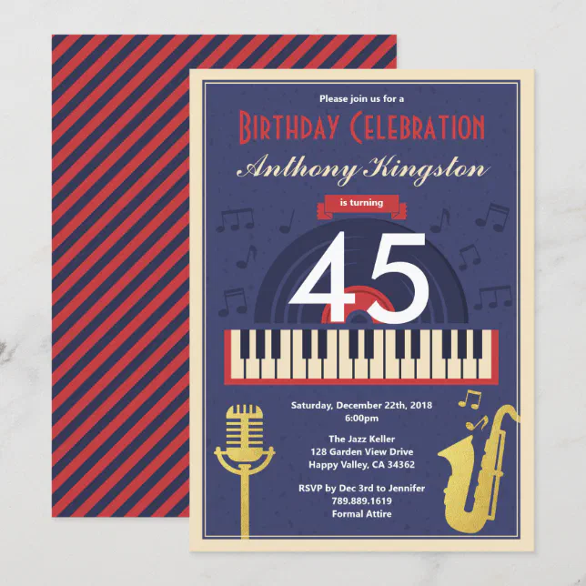 Retro jazz music birthday party adult man invitation | Zazzle