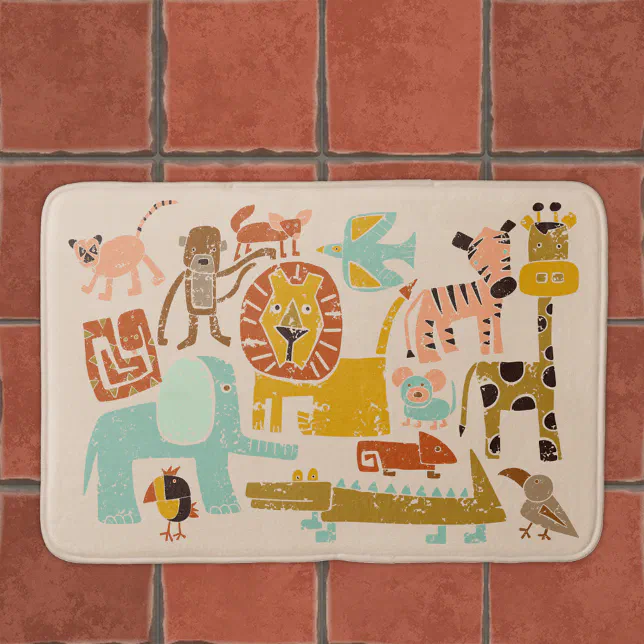 Retro Jungle Animals Cute Illustrated Bath Mat | Zazzle