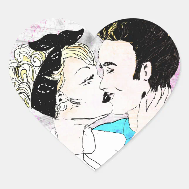 Retro Kissing Couple Heart Sticker | Zazzle