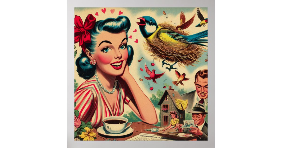 Retro Kitsch 1950s Girl Illustration Poster | Zazzle