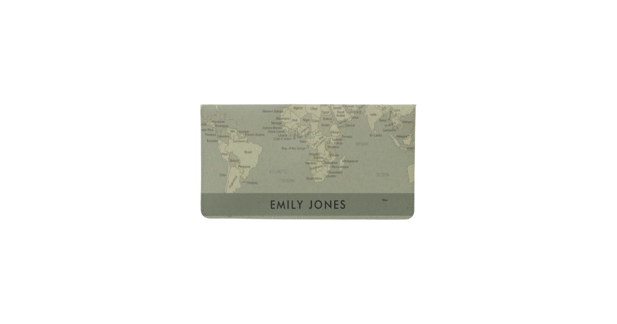 RETRO KRAFT GREY VINTAGE WORLD MAP PERSONALIZED CHECKBOOK COVER | Zazzle