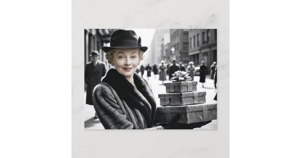 Retro Lady in the Busy Street Holding Presents Holiday Postcard | Zazzle