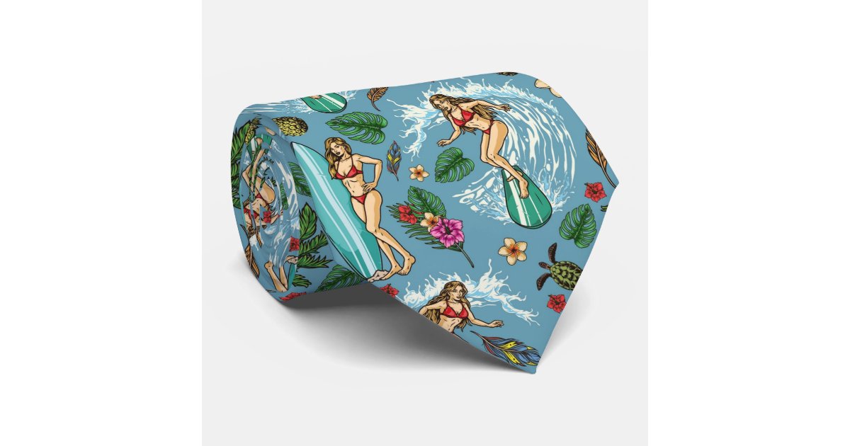 Retro lady surfer pattern neck tie | Zazzle