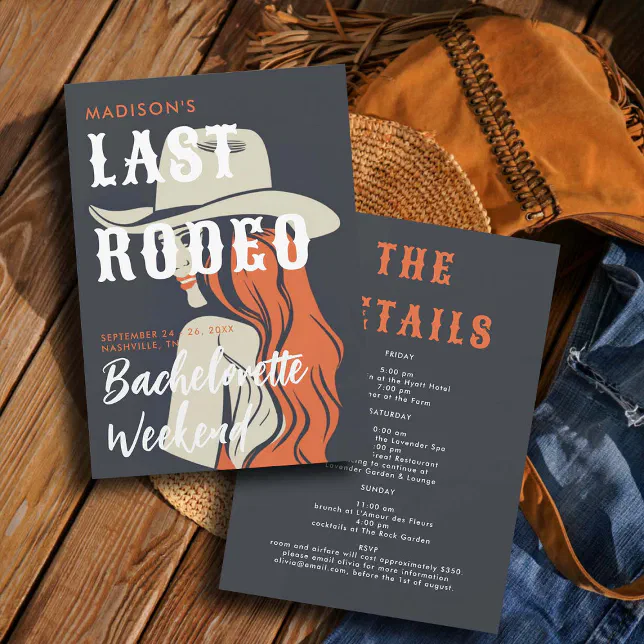 Retro Last Rodeo Ink Black Itinerary Bachelorette Invitation | Zazzle