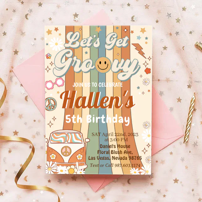 Retro Let's Groovy Boho Daisy Rainbow Birthday Invitation | Zazzle
