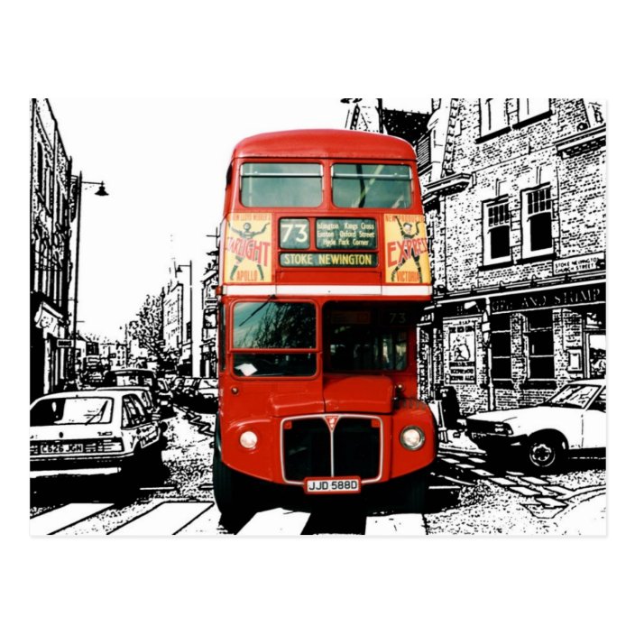 Retro London Bus on Black White Background Postcard | Zazzle.com
