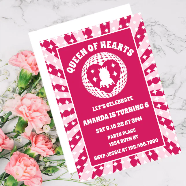 Retro Magenta Queen Of Hearts Birthday Invitation | Zazzle