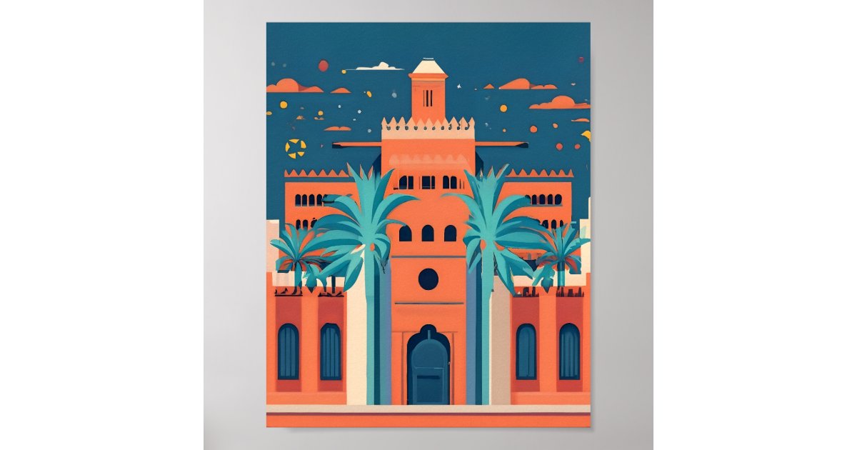 Retro Marrakech Morocco Landscape Flat Vector Art Poster | Zazzle