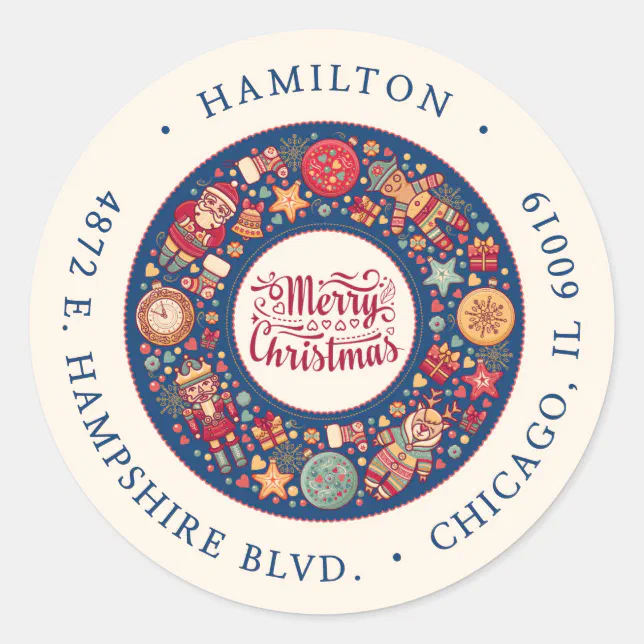 Retro Merry Christmas Return Address Classic Round Sticker | Zazzle