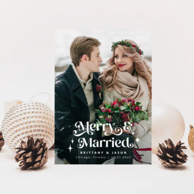 Retro Merry & Married Photo Overlay Text Holiday Card | Zazzle