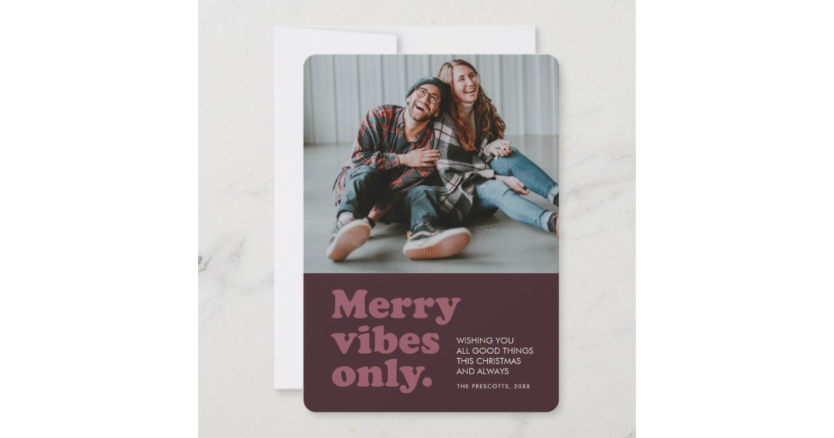 Retro merry vibes plum holiday photo card | Zazzle
