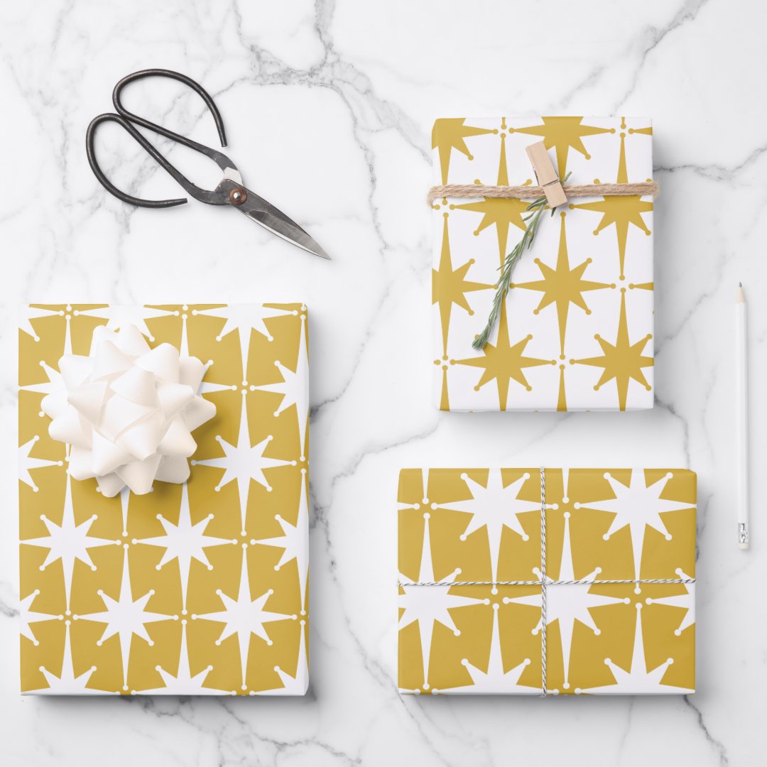 Retro Midcentury Modern Starbursts Mustard White Wrapping Paper Sheets ...