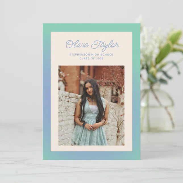 Retro Mint Green Gradient Border Photo Graduation Announcement | Zazzle