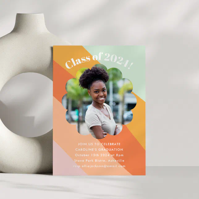 Retro Mint Orange Stripes Photo Graduation Party Invitation | Zazzle