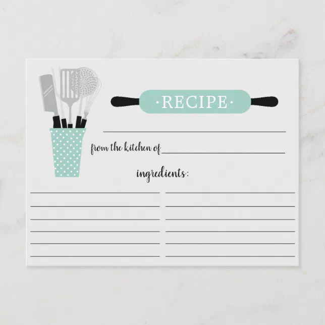 Retro Mint Rolling Pin Kitchen Tools Recipe Card | Zazzle