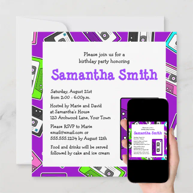 Retro Mixtape Themed Birthday Party Invite Purple | Zazzle