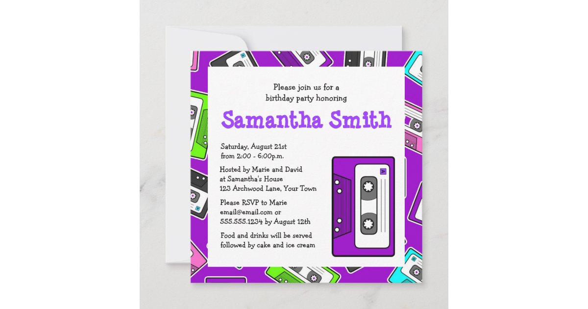 Retro Mixtape Themed Birthday Party Invite Purple | Zazzle