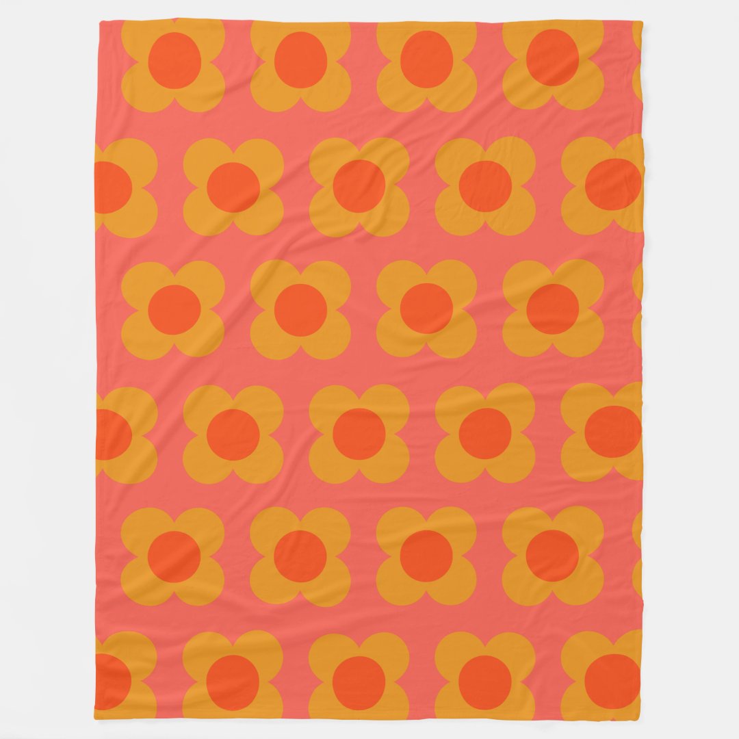 Retro Mod Flower Pattern in Orange Fleece Blanket | Zazzle
