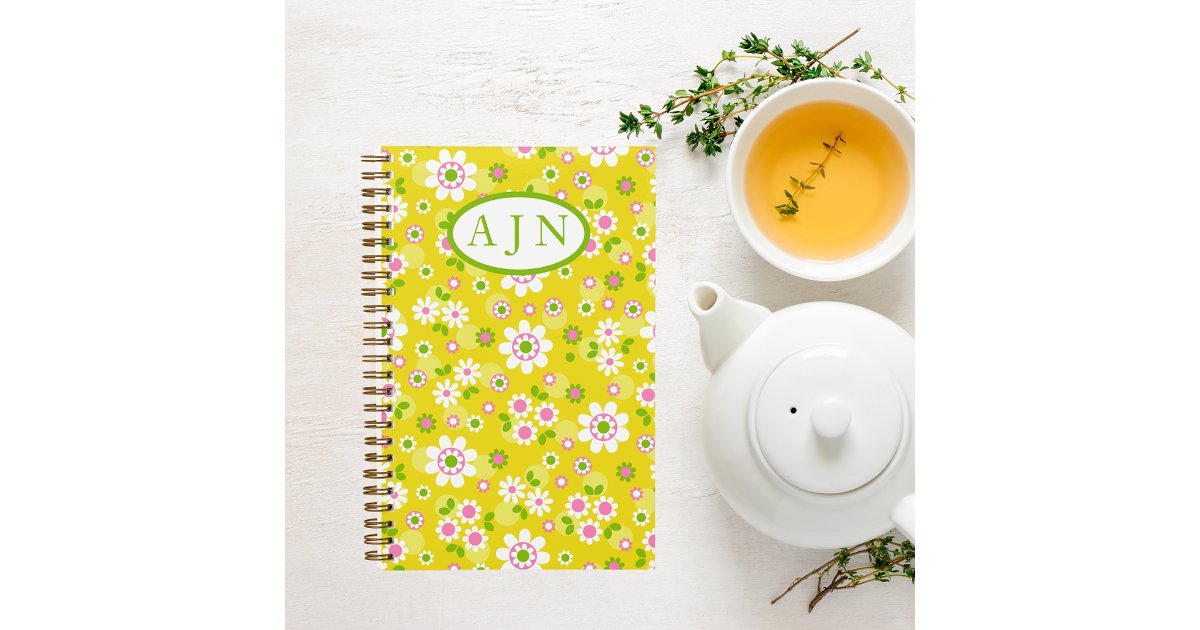 Retro Mod Flowers Yellow & White Monogram Notebook | Zazzle