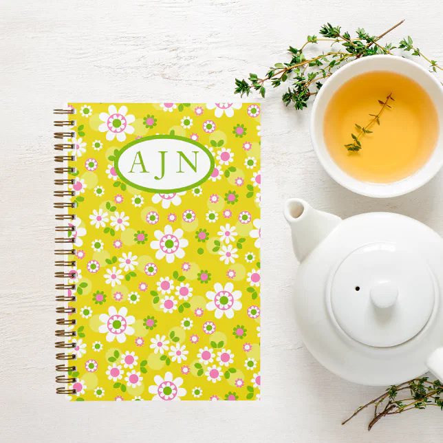 Retro Mod Flowers Yellow & White Monogram Notebook | Zazzle