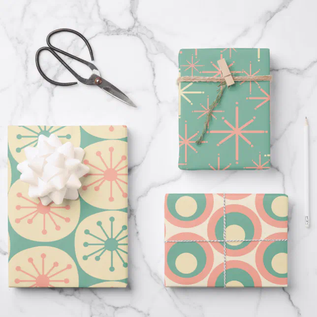 Retro Mod Patterns in Mint, Blush Pink, and Cream Wrapping Paper Sheets ...