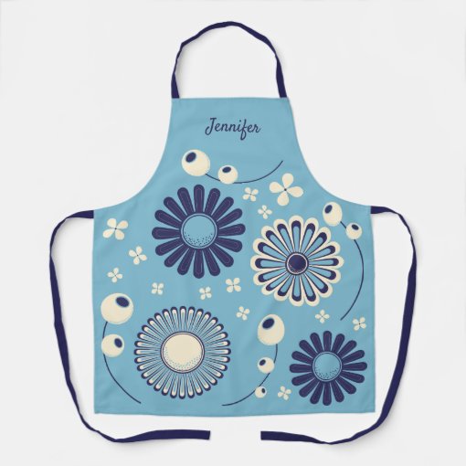 Retro Modern Blue and Cream Flowers Personalized Apron | Zazzle