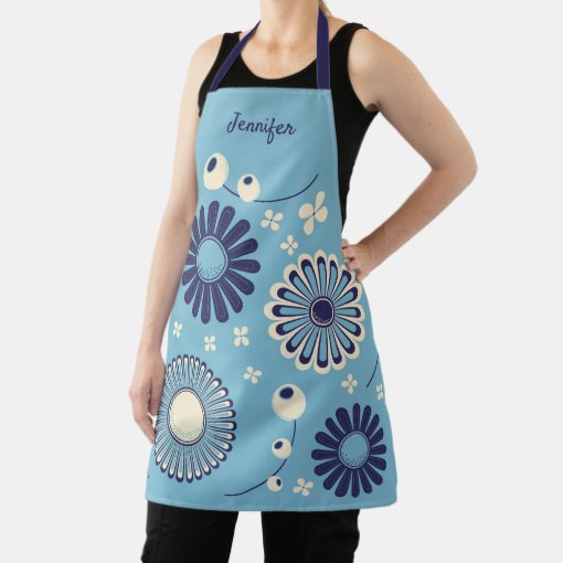 Retro Modern Blue and Cream Flowers Personalized Apron | Zazzle